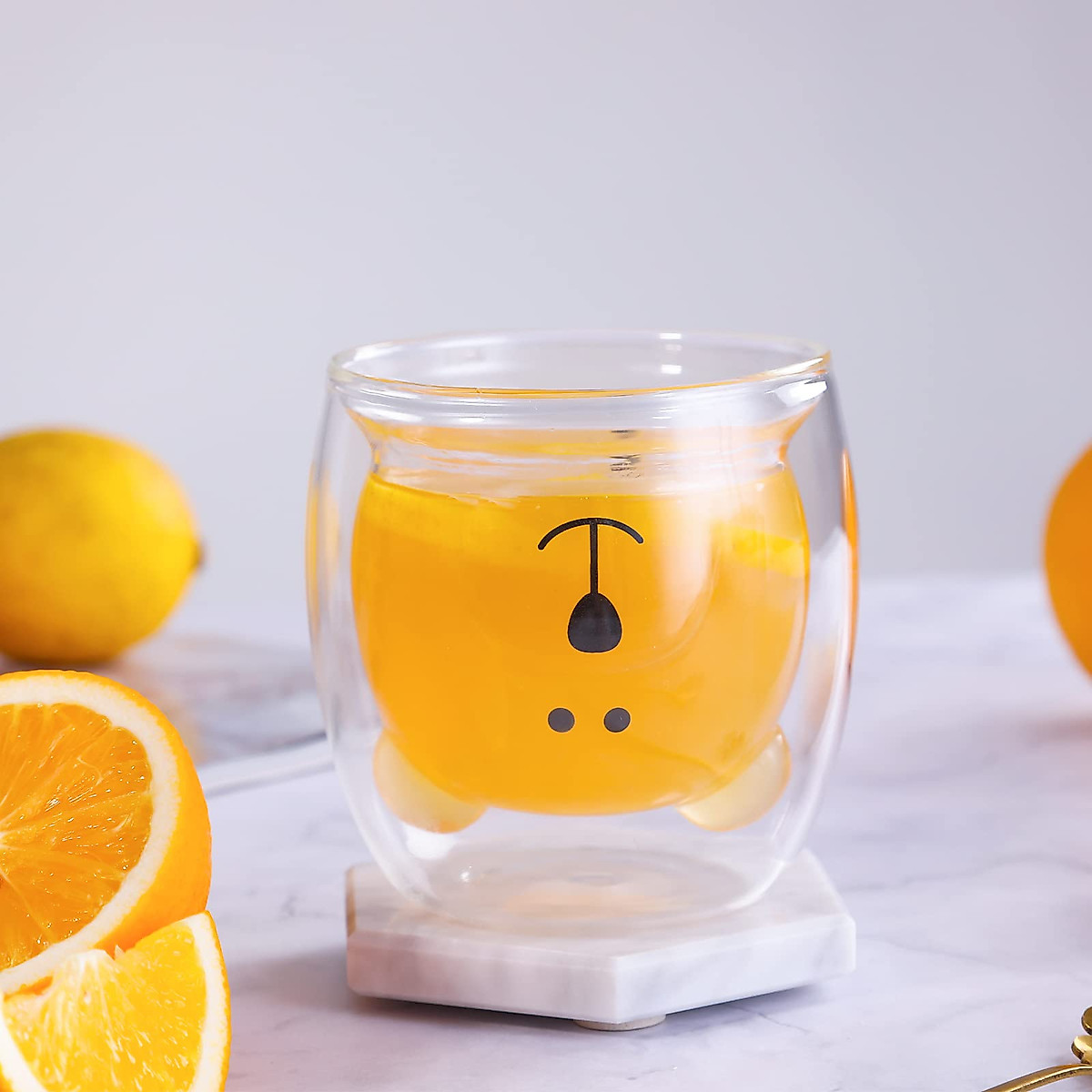 SHENDONG Cute Bear Cups Cute Mugs Bear Tea Coffee Cup Double Wall Insulated Glass Espresso Cups Glass 8.5oz Milk Cup Gift for Personal Birthday Valentine's Day and Office (White Happy Bear)