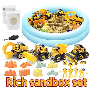 YIDESTARS Play Construction Sand Kit,2.2lbs Magic Sand W/4 Large Take Apart Construction Trucks,1 Sandbox,8 Worker Figures and Road Signs,8 Molds,Toys for 2-8 Years Old Boys Girls