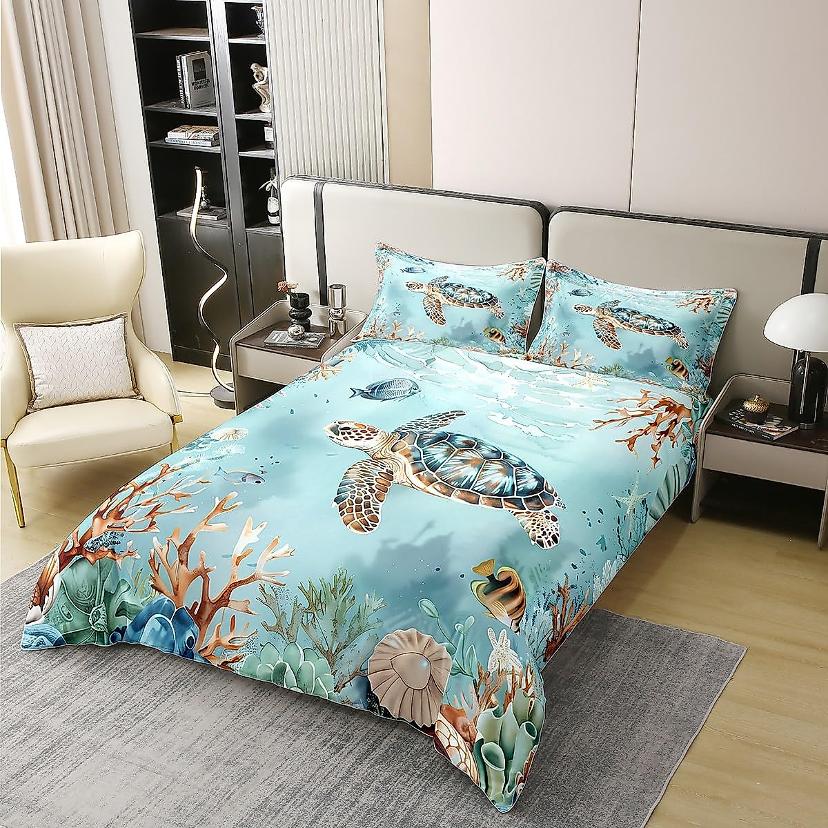 Feelyou Sea Turtle Bedding Set King Size Summer Theme Comforter Cover Set for Boys Girls Teens Fish Marine Themed 100% Cotton Duvet Cover Underwater Animal Bedspread Cover Ocean Creature Quilt Cover