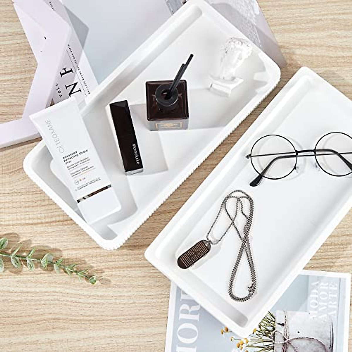 YJNSFT 11" Large Vanity Sink Tray for Bathroom Counter, Resin Toilet Tank Storage, Rectangular Kitchen Soap Organizer, Jewelry Plate Decor Holder for Perfume, Candles, Tissues, Towel, Plant (White)