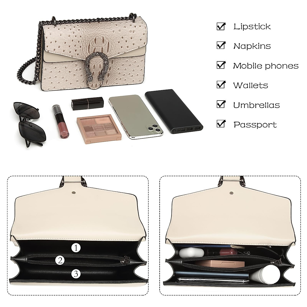 MYHOZEE White Crossbody Bags for Womens, Quilted Crossbody Purses Chain Shoulder Bag for Women