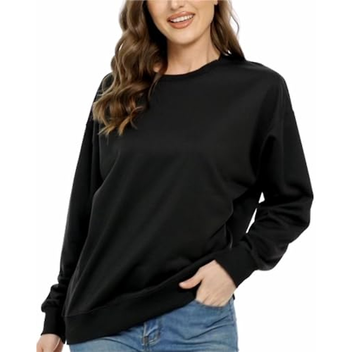 CAMNOW Crewneck Sweatshirt Women Crew Neck Sweatshirts Womens Fashion Oversized Loose Fit No Hood Trendy Sudaderas Para Mujer Black