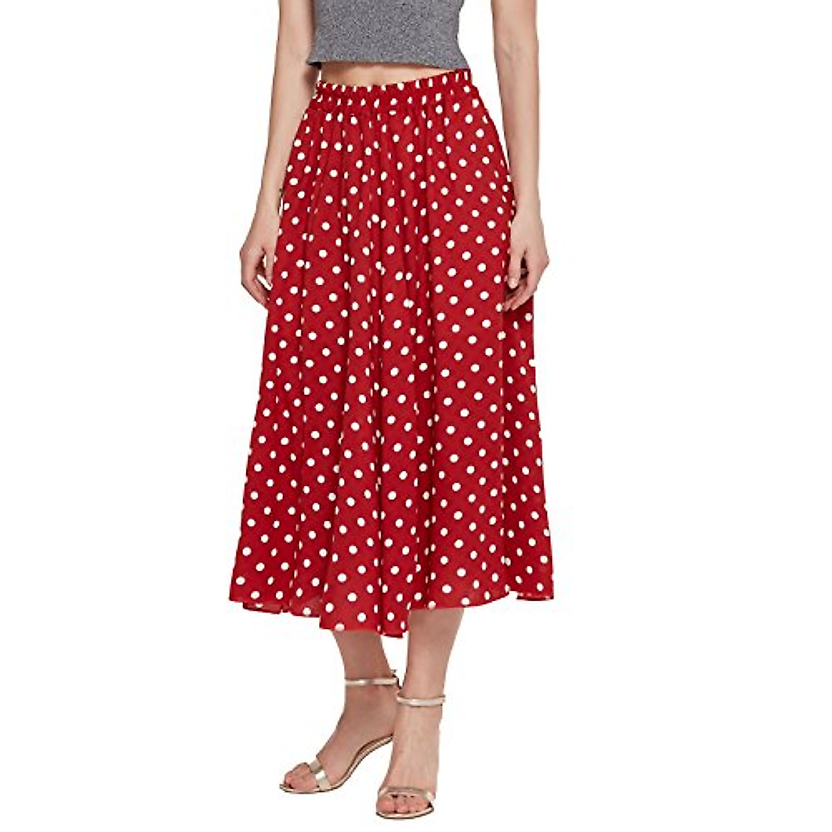 CHARTOU Women's Casual Contrast Polka Dot Chiffon Bohemia Swing Beach Midi A-Line Skirts (Small, Red)