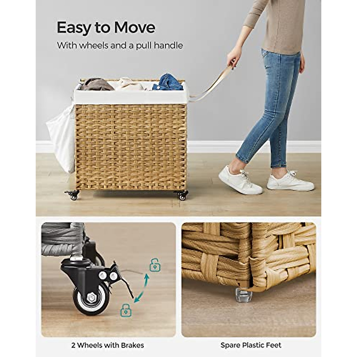 SONGMICS Laundry Hamper with Lid, 37 Gallon (140L), Rolling Laundry Basket with Wheels, 3-Section Synthetic Rattan Laundry Hamper, Removable Liner, Bedroom, 26x13x26 Inches, Natural ULCB363N01