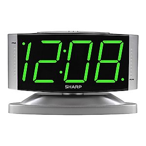 SHARP Home LED Digital Alarm Clock – Swivel Base - Outlet Powered, Simple Operation, Alarm, Snooze, Brightness Dimmer, Big Green Digit Display, Silver Case
