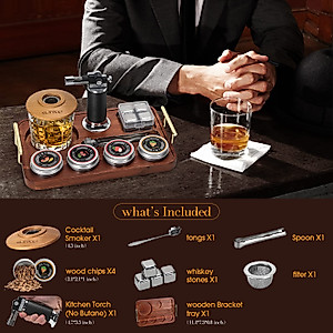 YLYYCC Cocktail Smoker Kit with Torch, Whiskey Smoker Kit with 4 Flavors Wood Chips, 4 Whiskey Stones and Wooden Stand, Old Fashioned Drink Smoker for Bourbon, Whiskey Smoker Gifts for Men, Dad