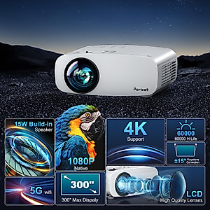 5G WiFi Bluetooth Projector, Pericat Native 1080P Movie Projector for Phone, Portable Outdoor Projector, 10000L Home Theater Video Projector, Mini Projector Compatible w/ PC, HDMI, USB, TV Stick, PS5