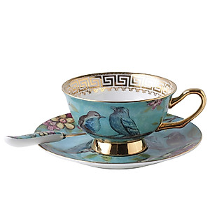 Panbado 3 Piece Bone China Tea Cup Saucer Set with Spoon Porcelain Gold Rimmed Teacup Coffee, Flower and Birds, 200 mL/6.8 oz, Blue Cup & Saucer, Dark