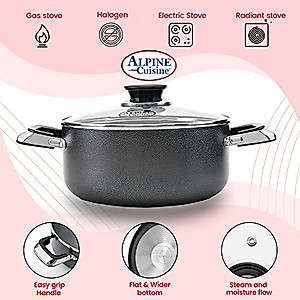 Alpine Cuisine 5 Quart Non-stick Stock Pot with Tempered Glass Lid and Carrying Handles, Multi-Purpose Cookware Aluminum Dutch Oven for Braising, Boiling, Stewing