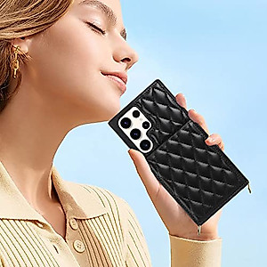 Coolden for Galaxy S23 Ultra Cases 6.8" Quilted Leather Women Luxury Phone Cover Crossbody Strap Kickstand Slim Square Armor Card Holder Slots Wallet Case for Samsung Galaxy S23 Ultra, Black