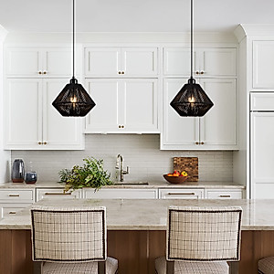 YongMing CL Black Woven Plug in Pendant Light Fixture, 9.65’’ Rustic Farmhouse Pendant Hanging Light with Plug in Cord & On/Off Switch for Kitchen Island Living Dining Room Bedroom Foyer