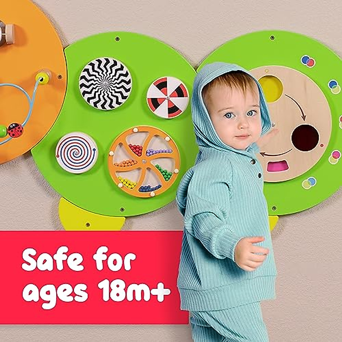 SPARK & WOW Caterpillar Activity Wall Panels - Ages 18m+ - Montessori Sensory Wall Toy - 8 Activities - Busy Board - Toddler Room Decor