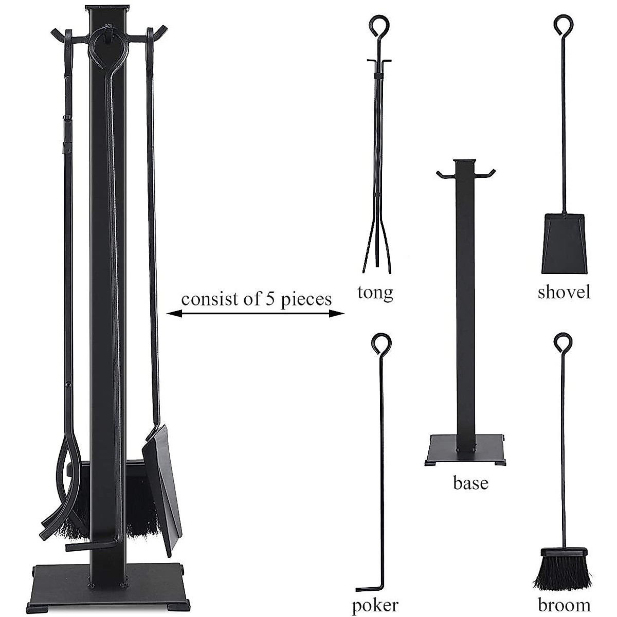 Hysache 5-Piece Fireplace Tool Set, Heavy Duty Wrought Iron Toolset w/Tong,Poker, Shovel, Brush, Indoor & Outdoor Hearth Wood Stove Firepit Accessories, Compact Fireplace Tool Set