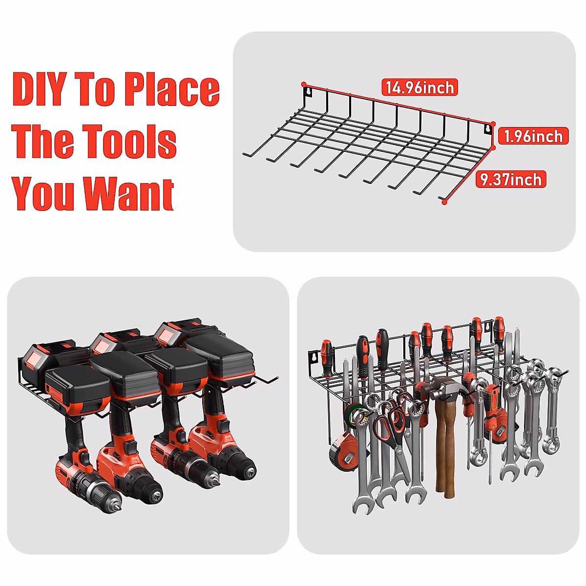JUNNUJ Tool Organizer with Charging Station, 3 Layers Wall Mount Garage Tools Storage with 8 Outlets Power Strip, 4 Drills Holder Battery Heavy Duty Metal Shelf, Utility Rack with Hooks, Black