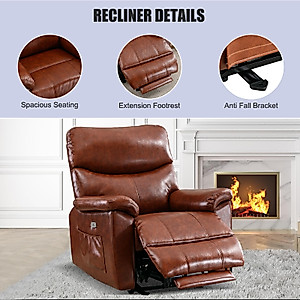 RIHEREFY Electric Recliner,PU Leather Recliner Chair with Extended Footrest,Recliner Chairs for Adults,Extra Wide Reclining Massage Chair with 2 Side Pockets & USB Ports