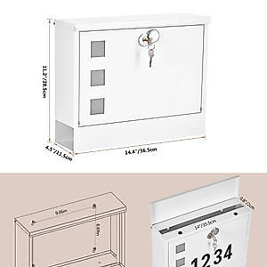 LAND·VOI Locking Mailbox Wall Mounted, Metal Postbox with Three Sets of Mail Box Number Stickers, 4 Keys, 14.4" x 4.5" x 11.2", Large Capacity, Textured White, AMB11W