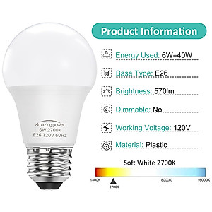 Amazing power E26 LED Bulb, 40W Equivalent Medium Base Light Bulb, Non-Dimmable, Soft White 2700K, 6W E26 LED Light Bulbs for Home Lighting Lamp, 4-Pack