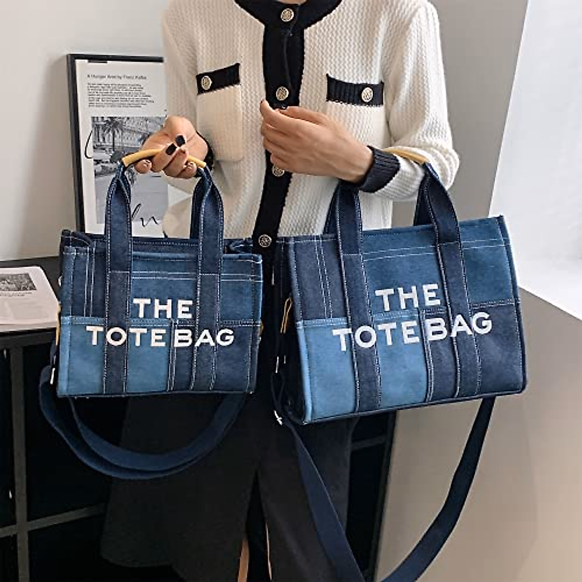 Tote Bags for Women Handbag Tote Purse with Zipper Denim Crossbody Bag Shoulder Bag for Office, Travel, School (Blue, Large)