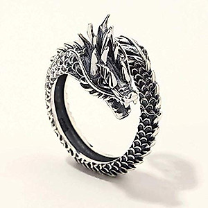 3D Ouroboros Ring 925 Sterling Silver Snake Serpent Thai Dragon Tribal Eating Tail Mayan Cobra Stainless Diamond Leviathan Poseidon Coiled Dragon Sea Beach GOT Chrome Carbon (ouroboros) (S925)
