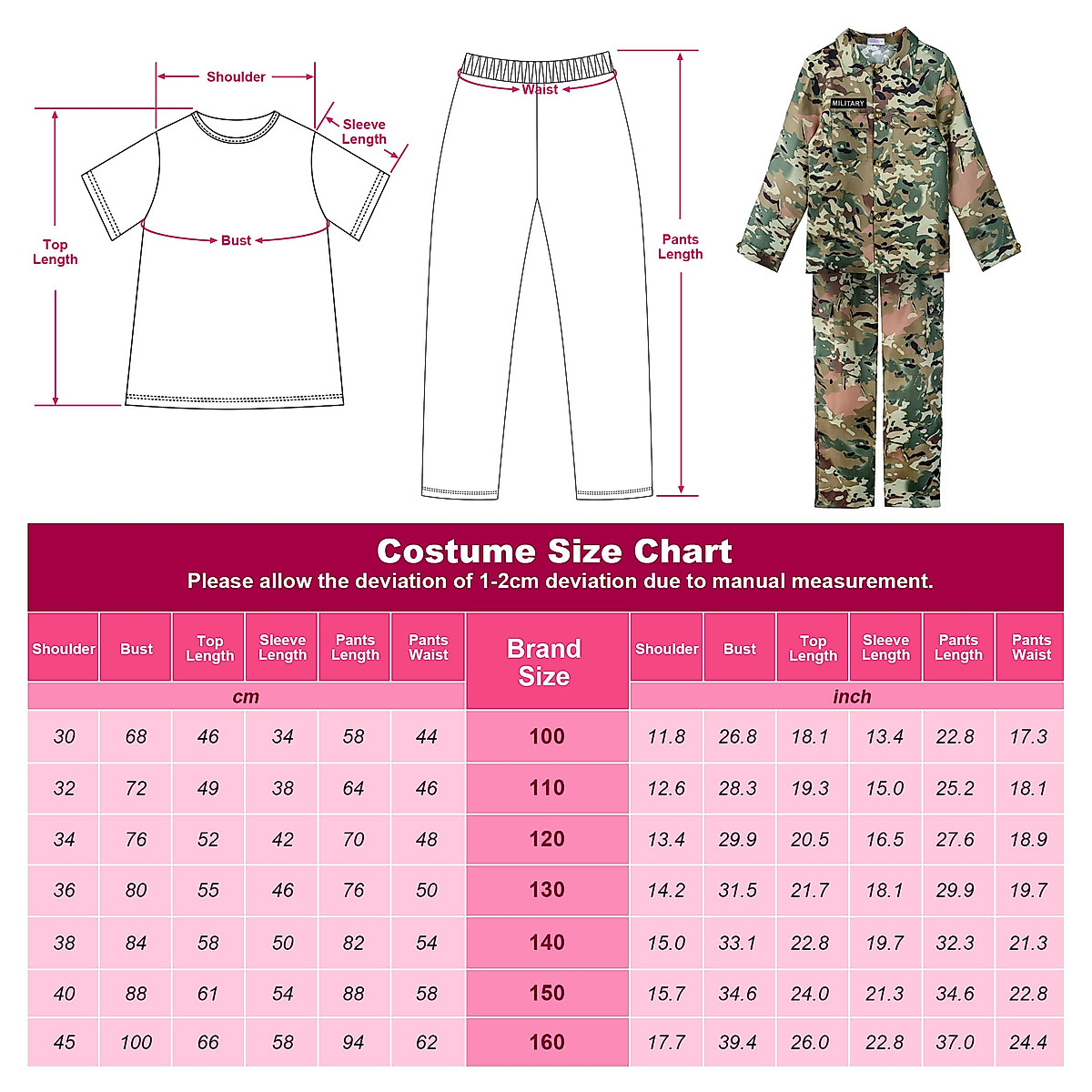 ReliBeauty Soldier Costume Army Camouflage Uniform,120