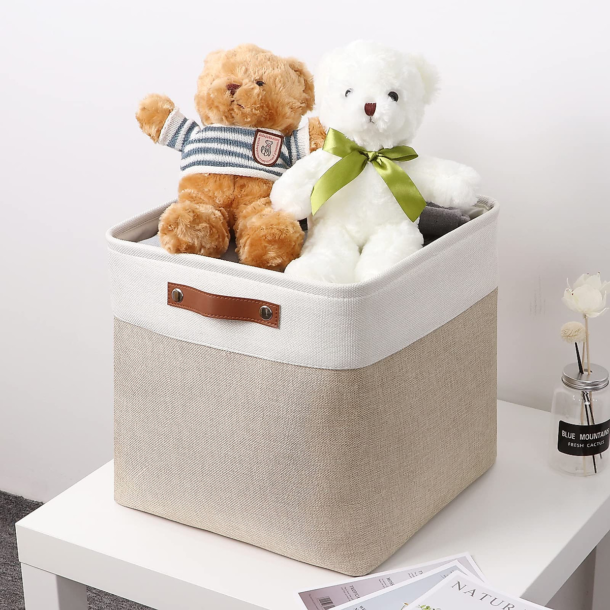 Temary Cube Storage Bins 13x13 Fabric Storage Cubes Baskets Set Of 4 Cloth Baskets for Shelf, Large Basket Empty Baskets for Organizing, Baskets Cube Basket for Storage (White&Khaki)