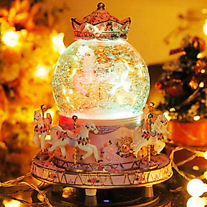 Leonnnnn Carousel Horse Music Box Snow Globes, Musical Rotating Horses with Colorful Light, Snowglobes Castle in The Sky, for Wife Daughter Girlfriend, Birthday/Anniversary/Valentine's Day Gift