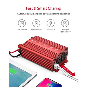BESTEK 300Watt Pure Sine Wave Power Inverter - DC 12V to AC 110V Car Plug Inverter Adapter, Power Converter with 4.8A Dual USB Charging Ports and 2 AC Outlets Car Charger