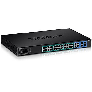 TRENDnet 28-Port Web Smart PoE+ Switch, 24 x Gigabit PoE+ Ports, 4 x Shared Gigabit Ports (RJ-45 or SFP), VLAN, QoS, LACP, IPv6 Support, 370W PoE Power Budget, Lifetime Protection, TPE-5028WS