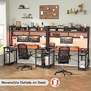 armocity 2024 Upgrade Gaming Desk with Hutch, 55.2'' Magic Computer Desk with LED and Outlets, Reversible Workstation Desk with Pegboard, Grey/Black