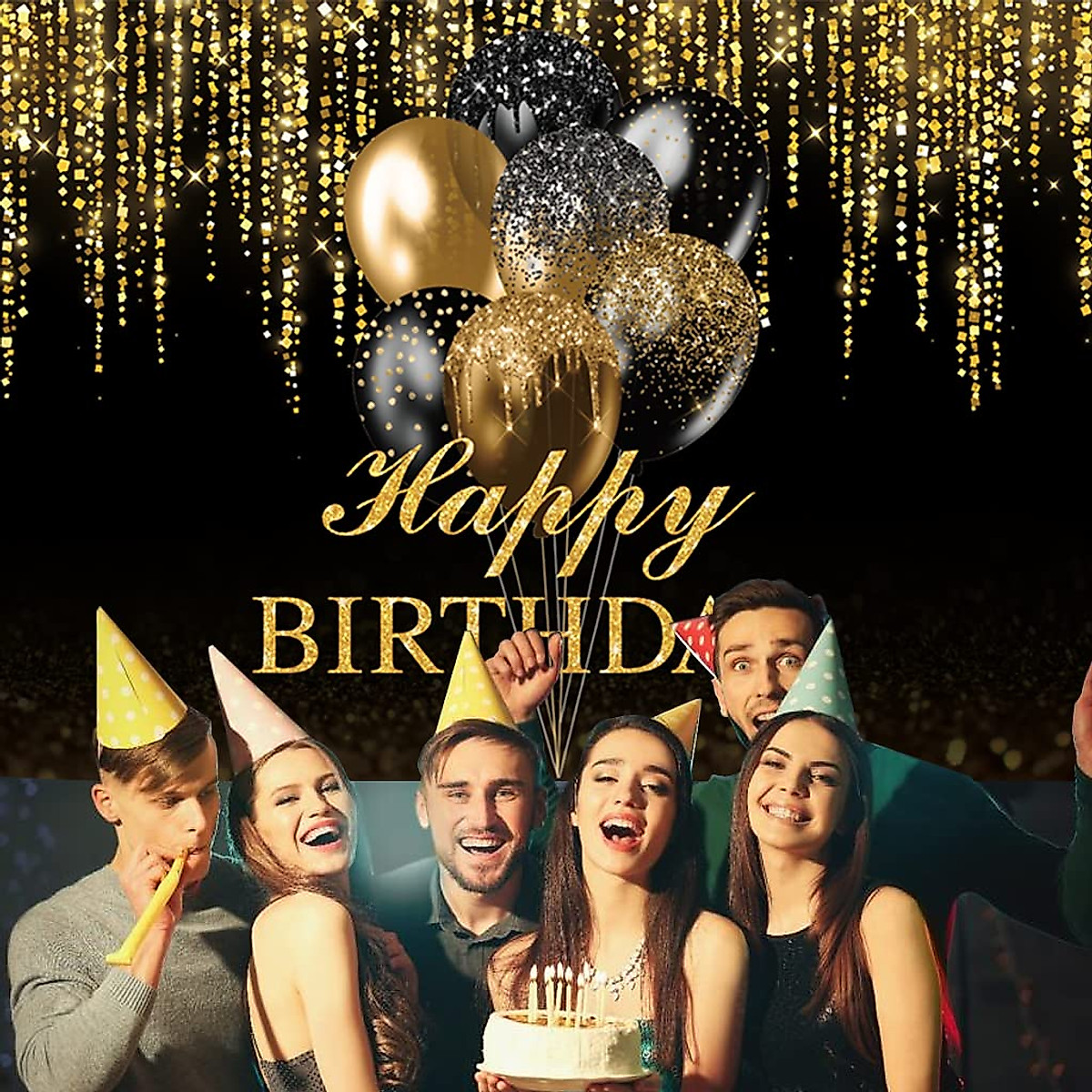 ASOONYUM 7x5ft Happy Birthday Backdrop Black Gold Glitter Bokeh Balloons Happy Birthday Banner for Women Girl 21st 40th 50th Sweet 16th Themed Birthday Party Decorations Golden Sequin Spots Background