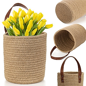 YOUEON Set of 2 Jute Hanging Basket 7.8" x 6.7", Wall Hanging Planter Baskets, Jute Woven Hanging Storage Baskets, Small Woven Baskets for Sunglasses Wallet Keys Flower Plants Towels Toys