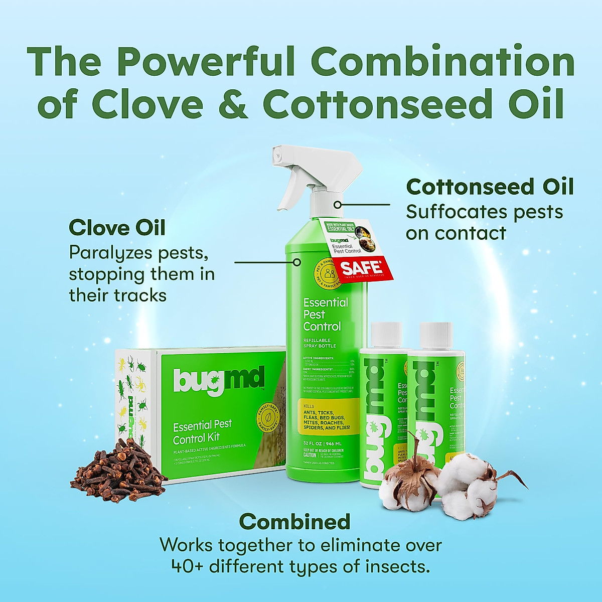 BugMD Ant Killer & Bug Spray - Roach and Cockroach Killer Indoor, Spider and Flea Spray for Home, Fly and Insect Defense, Natural, Safe with Essential Oils, Plant-Powered, Pest Control - Starter Kit