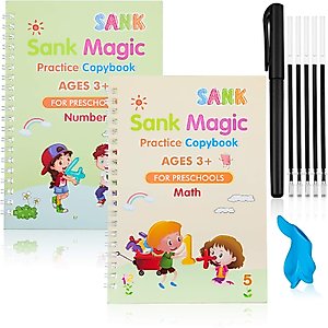 2 Pieces Magic Practice Copybook Magic Writing Paste Practical Reusable Writing Tool Workbook with Pens Set for Kid Calligraphic Christmas Gifts (Number and Math)