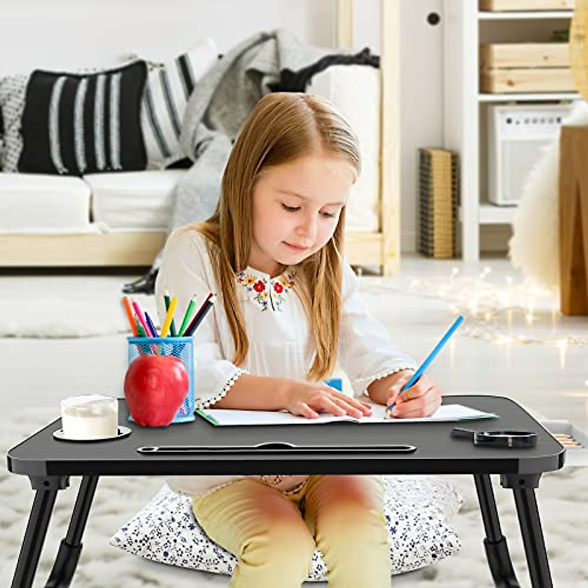 Zapuno Foldable Laptop Bed Table Multi-Function Lap Bed Tray Table with Storage Drawer and Water Bottle Holder, Serving Tray Dining Table with Slot for Eating, Working on Bed/Couch/Sofa (Arc Shape)