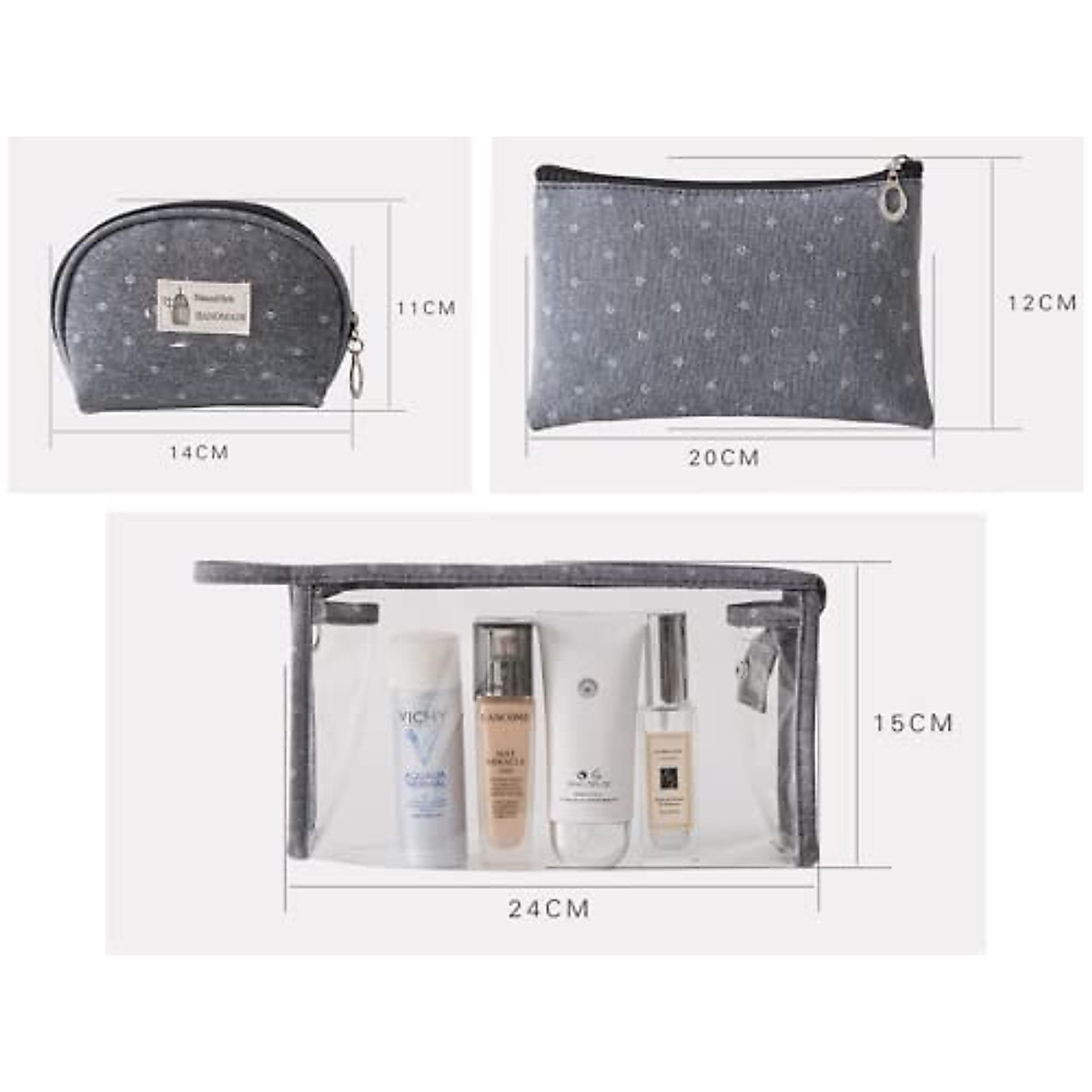 3 piece set of transparent waterproof PVC+canvascosmetic bag grey imperial crown