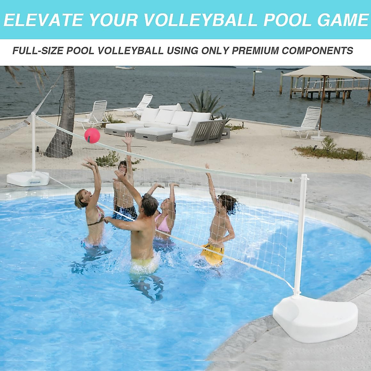 WaterVolly White Adjustable Premium Pool Volleyball Net, Includes Two 110lb Water-Filled Bases and Red White & Blue Volleyball