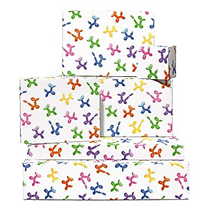 CENTRAL 23 White Wrapping Paper - 6 Sheets of Fun Gift Wrap and Tags - Colorful Balloon Dogs - Wrapping paper for Men and Women - Dog Wrapping Paper Birthday - For Kids Boys Girls