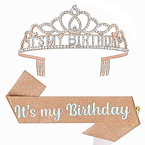 Birthday Tiara for Women & Glitter Its My Birthday Sash Birthday Crowns for Women Birthday Queen Sash and Tiara Birthday Crown and Sash for Women Parties Favors Birthday Decorations Gift (Gold)