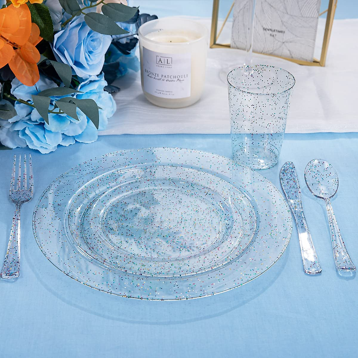 Rubtlamp 180PCS Glitter Plastic Plates with Glitter Disposable Silverware, Clear Glitter Plates for 30 Guests Include 30Dinner Platos, 30Dessert Platos, 90Cutlerys, 30Cups for Party