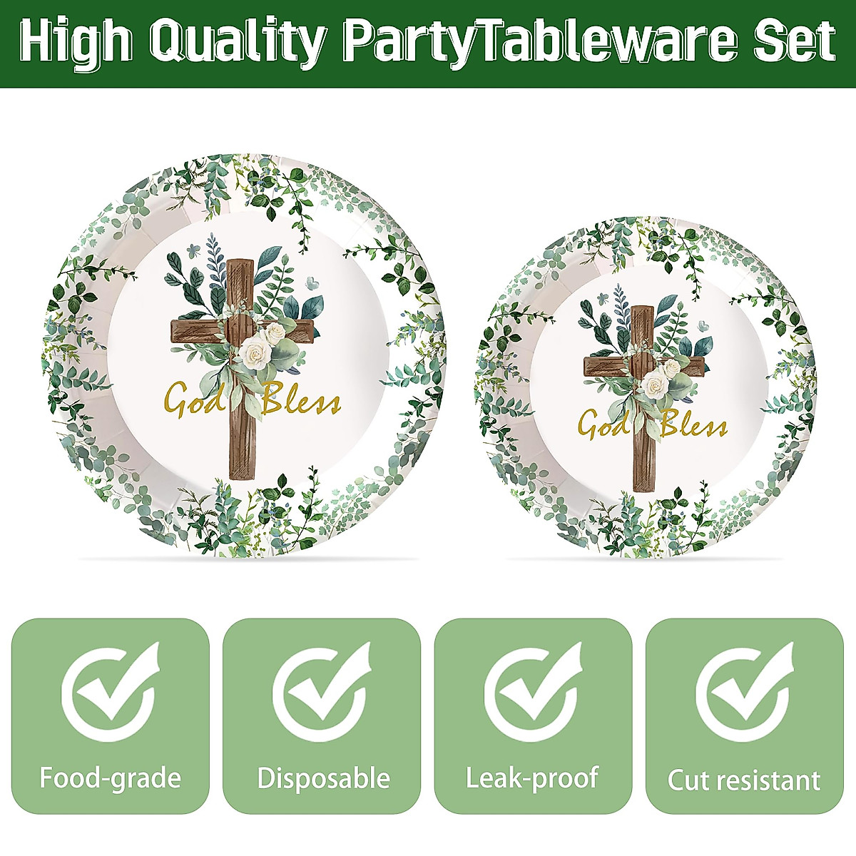 168Pcs God Bless Plates and Napkins Baptism Tableware Set First Holy Communion Party Decorations Mi Bautizo Eucalyptus Leaves Sage Paper Plates Christening Celebration Baby Shower Supplies,Serve 24
