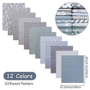 12 Pieces Quilting Fabric Grey Fat Quarters Floral Craft Fabric Bundle Patchwork Pre-Cut Sewing Square Sheets, 20 x 16 Inch/ 50 x 40 cm