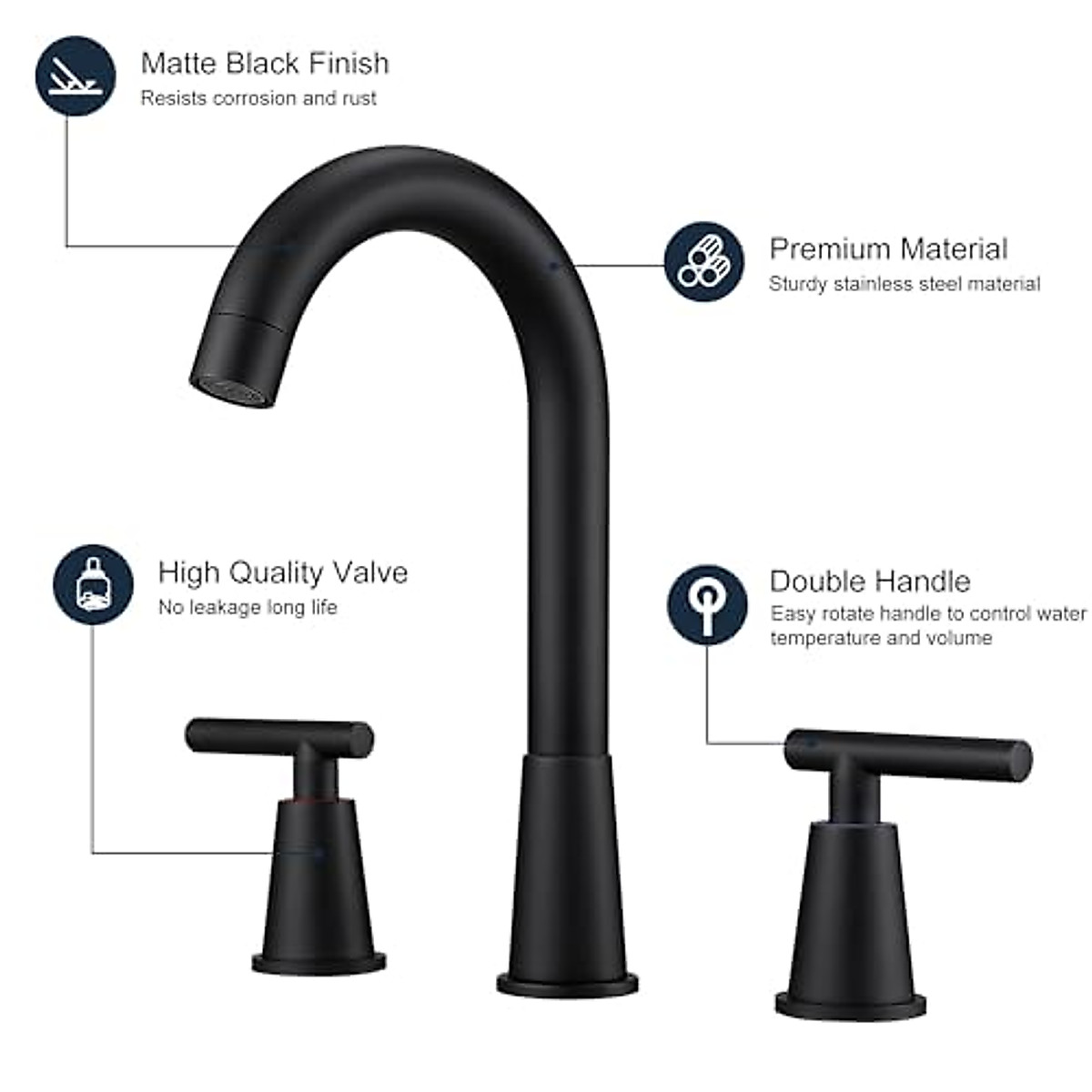 Kroias 8 Inch Matte Black Bathroom Faucet Bathroom Faucet 3 Hole, Two Handles Vanity Bathroom Sink Faucet, Lavatory Basin Faucets for Bathroom Sink with cUPC Supply Lines