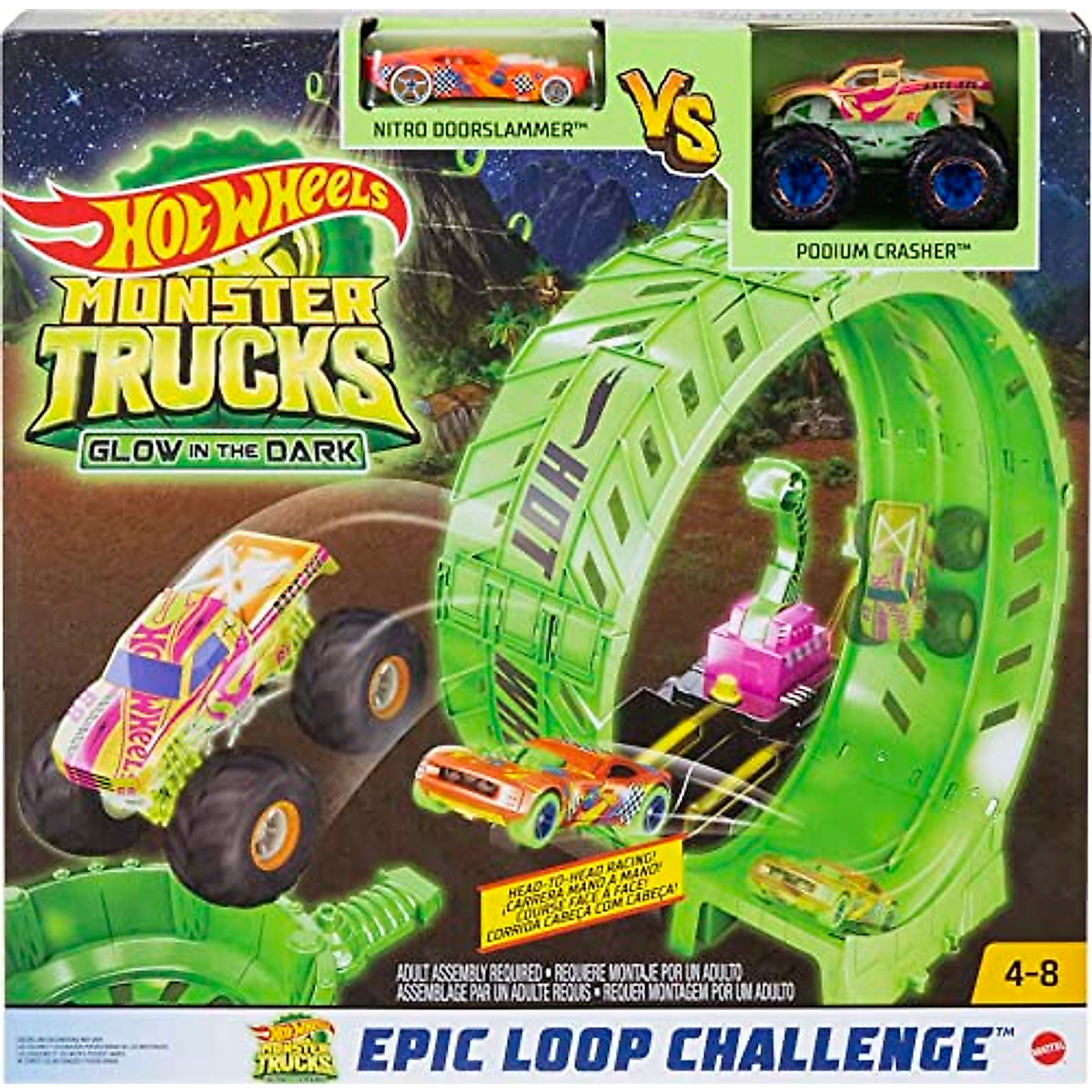 Hot Wheels Monster Trucks Glow in The Dark Epic Loop Challenge Playset with Launcher, Ramp & Giant Loop, Includes 1 1:64 Scale Die-Cast Truck & 1 Car, Toy Gift for Kids 4 to 8 Years Old