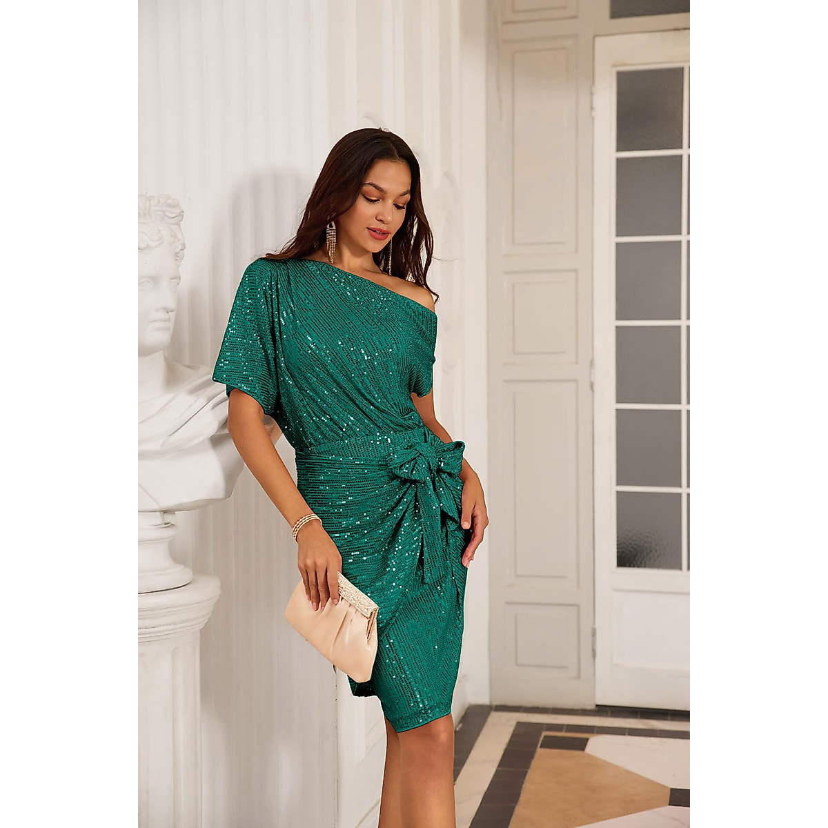 GRACE KARIN Party Dreses for Women Short Sleeve Sparkle Glitter Sequin Dresses Blue Green M