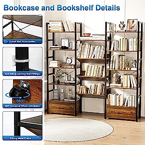 HSSZXFR Triple Wide Bookshelf 5-Tier with 2 Drawers, Industrial Bookshelves Sturdy Wood and Metal, Bookcase Spacious for Display and Storage, Large Display Rack for Home Office