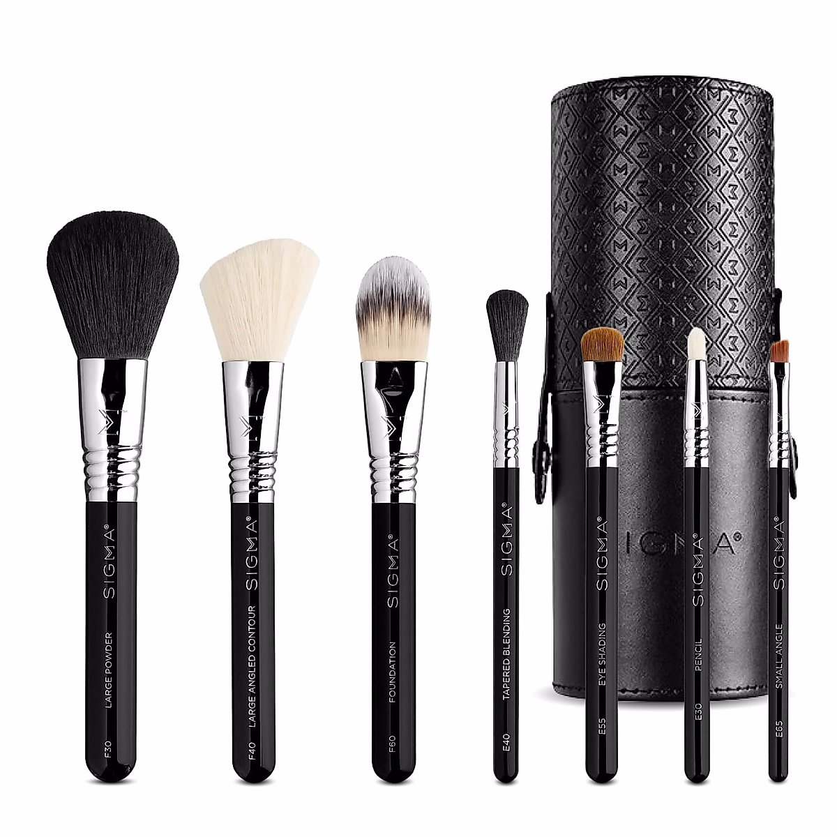 Sigma Beauty Travel Makeup Brush Set – Travel Makeup Brushes with Premium Fibers and Sleek, Durable Handles for Face & Eyes, Includes 7 Black Makeup Brushes and a Makeup Brush Cup