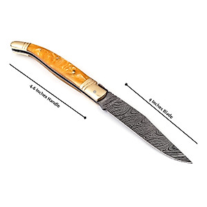 Laguiole Folding Damascus steel knife, 8.5" Long with 4" hand forged custom twist pattern Blade. Beige color unshrinkable Raisen scale with brass bolster, Cow hide leather sheath included