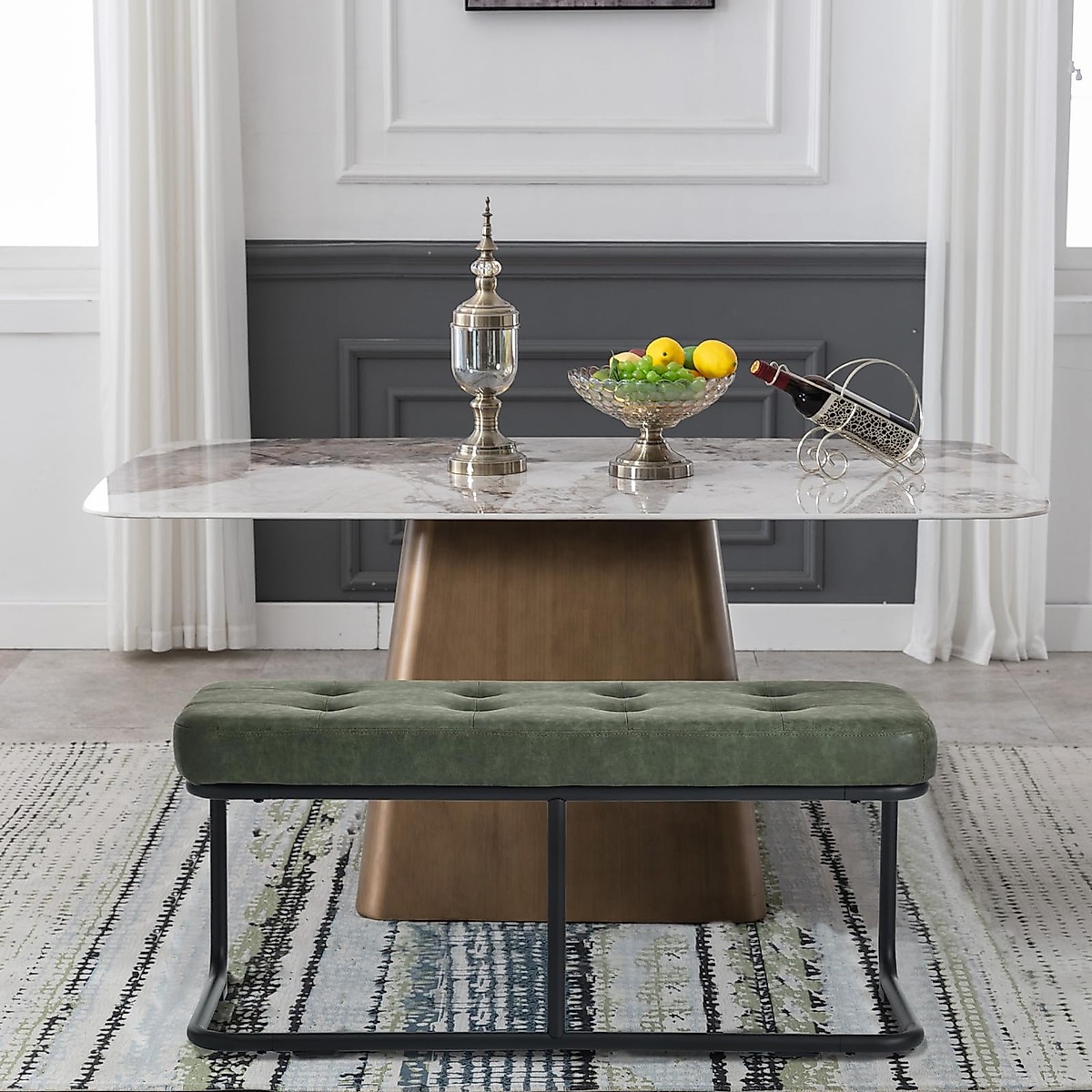 ZH4YOU 39 Inch Modern Dining Bench Indoor, Upholstered Leather Entryway Bench with Metal Legs, Button Tufted Ottoman Bench with Shoe Storage, Small Bench for Kitchen & Living Room Furnitures, Pu Green