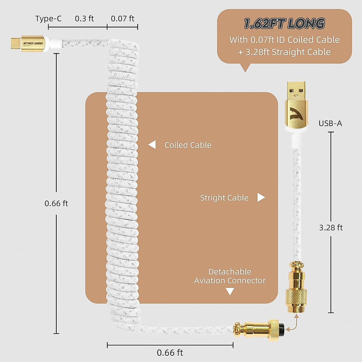 ATTACK SHARK Custom Coiled USB C to A Cable for Gaming Keyboard,Double-Sleeved Starlight Braided Cable with Detachable Metal Aviator 24K Gold Connector 1.7M-2.2M for Phone/PS4/Android/Xbox-White