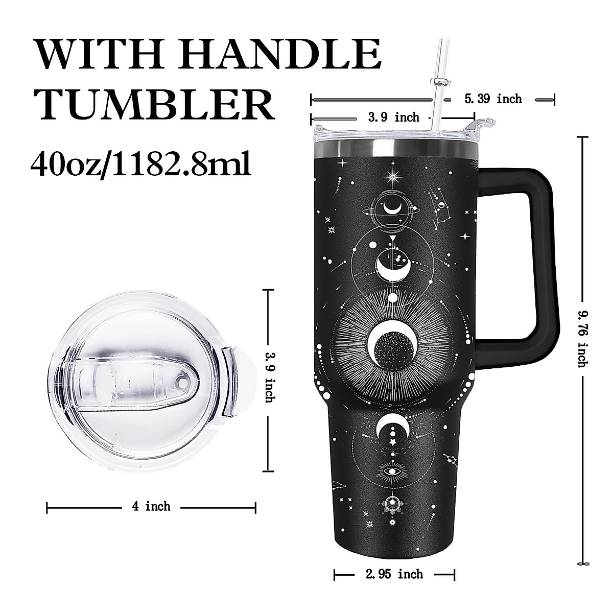 Ceovfoi 40oz Goth Tumbler with Handle Lid and Straw, Sun and Moon Cup Gothic Witch Coffee Travel Mug Cup,Astrology Witchy Gifts for Women, Goth Halloween Decor Witch Stuff for Women